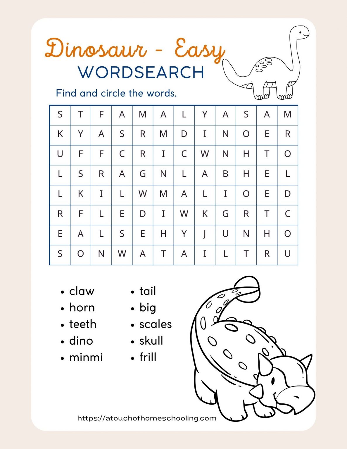 FREE Printable Dinosaur Word Search for Kids - A Touch of Homeschooling