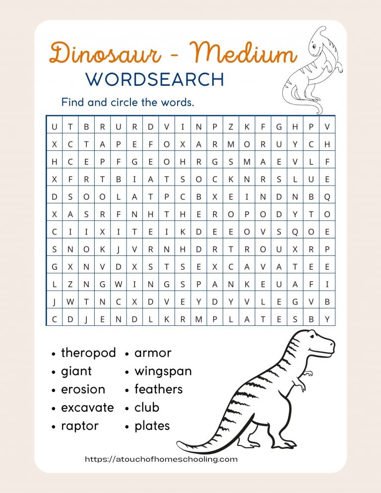 FREE Printable Dinosaur Word Search for Kids - A Touch of Homeschooling